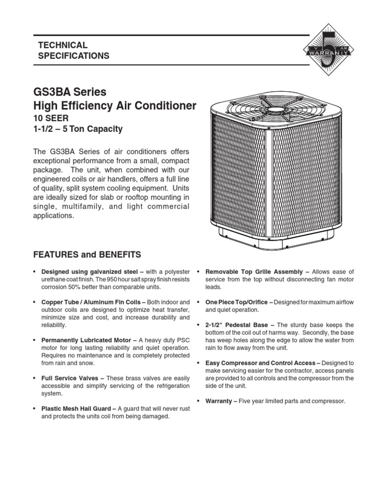 GS3BA Series High Efficiency Air Conditioner: Technical Specifications ...