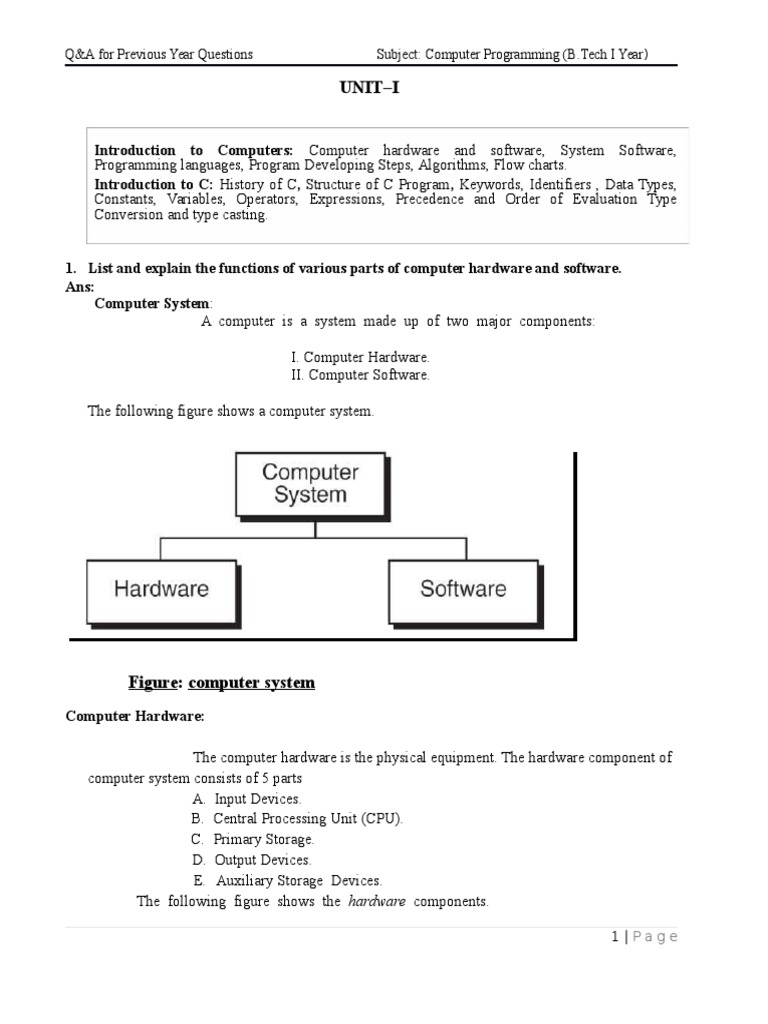 Unit-I: Q&A For Previous Year Questions Subject: Computer Programming (B.Tech I Year | PDF ...