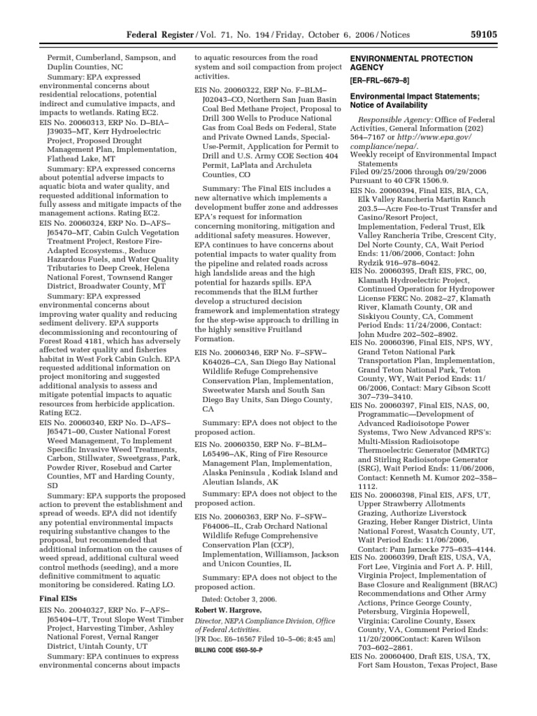 Notice: Environmental Statements Availability, Etc.: Agency Weekly ...