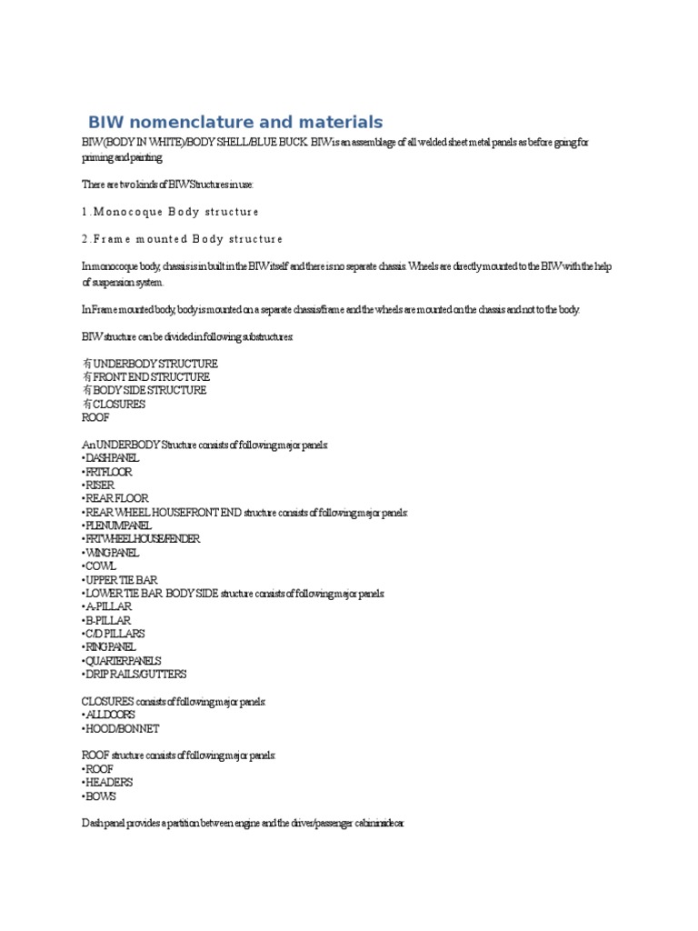 BIW Nomenclature and Materials | PDF | Road Vehicles | Automotive ...