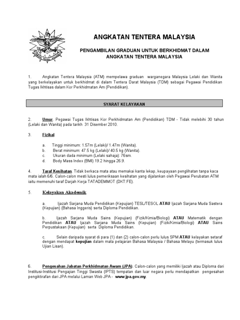 Iklan Pengambilan Pegawai Pendidikan Tugas Ikhtisas Angkatan Tentera Malaysia (Atm) Mac 2010 | PDF