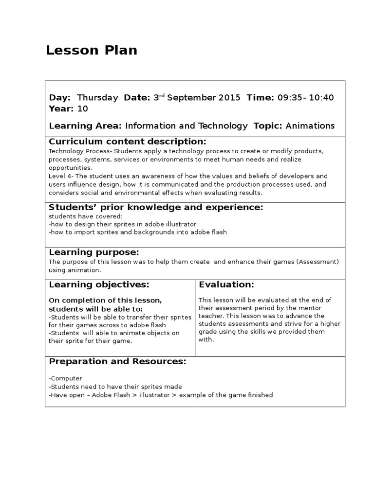 I T Animations Lesson Plan | PDF | Educational Assessment | Lesson Plan