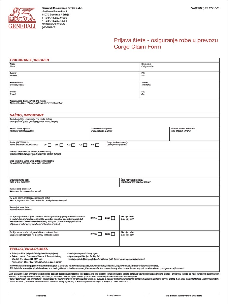 Prijava Stete Osiguranje Robe U Transportu | PDF