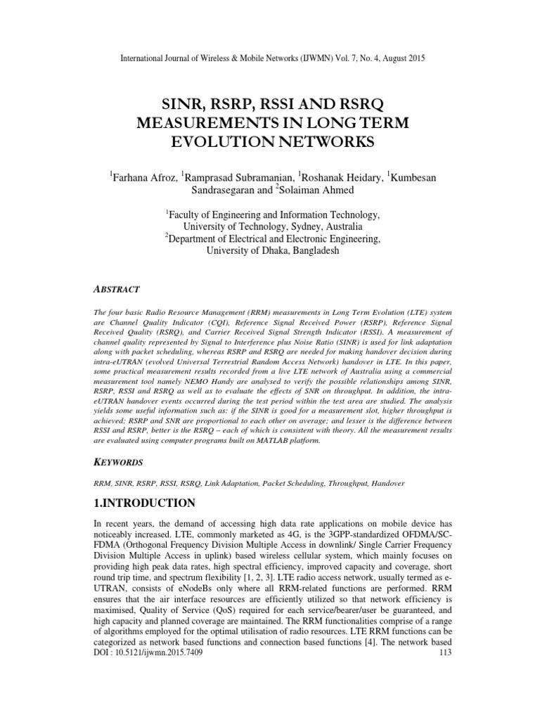 Sinr, RSRP, Rssi and RSRQ Measurements in Long Term Evolution Networks ...