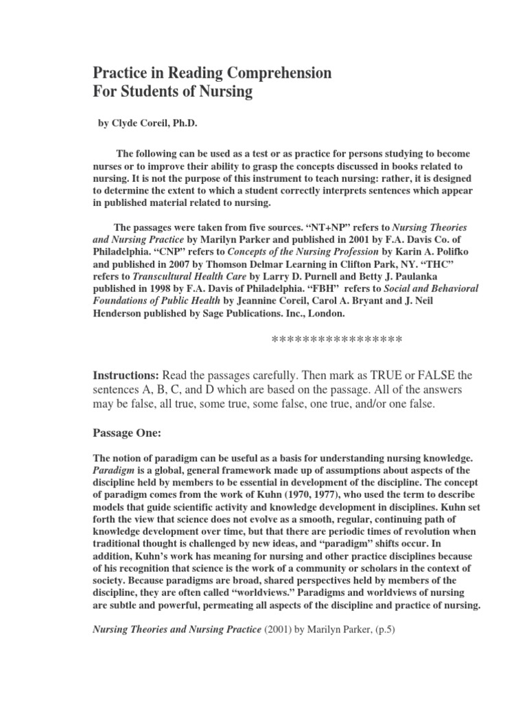Reading Comprehension Exercises For Nursing Students | PDF