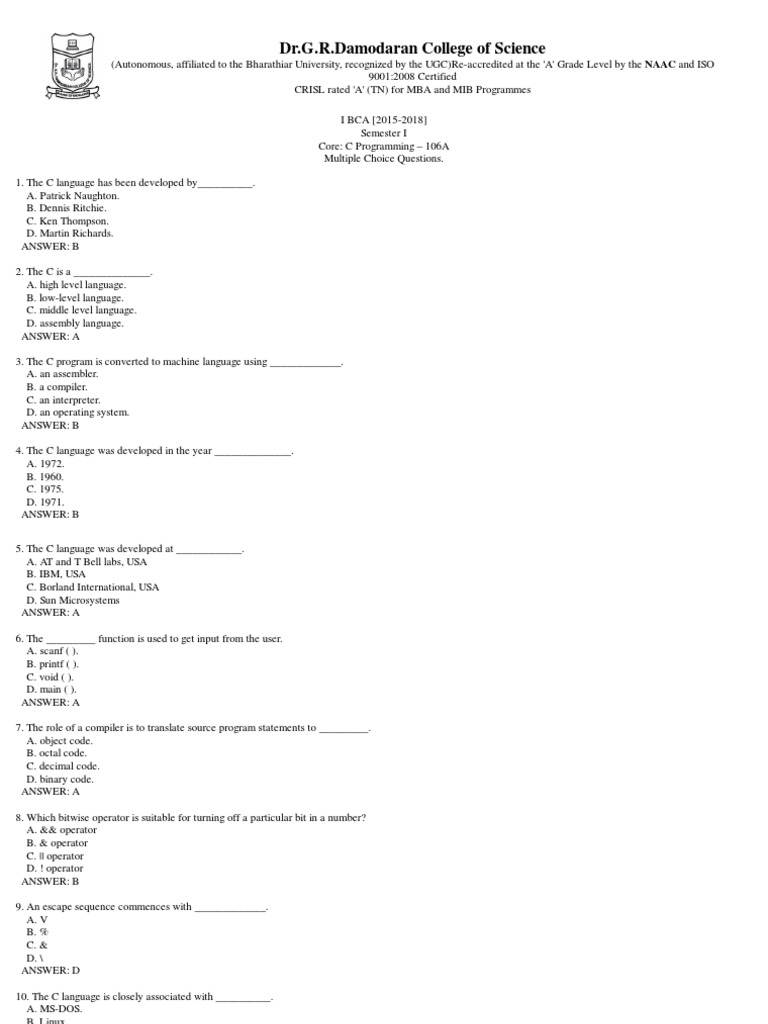 I Bca 106a C Programming Pdf C Programming Language Pointer Computer Programming 