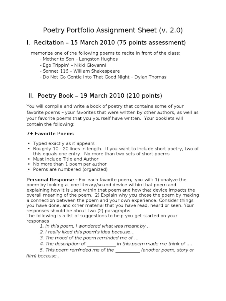 Poetry Portfolio Assignment Sheet | Download Free PDF | Poetic Form ...