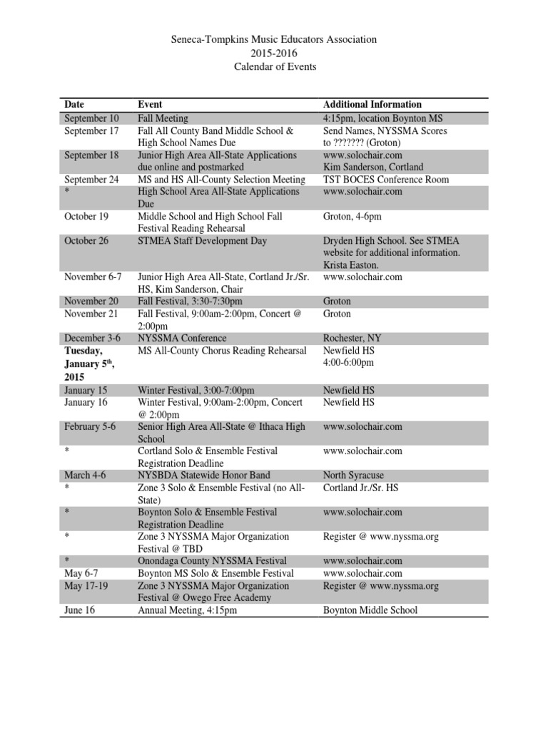 STMEA 2015-2016 Event Calendar | PDF | Sports & Recreation | Travel