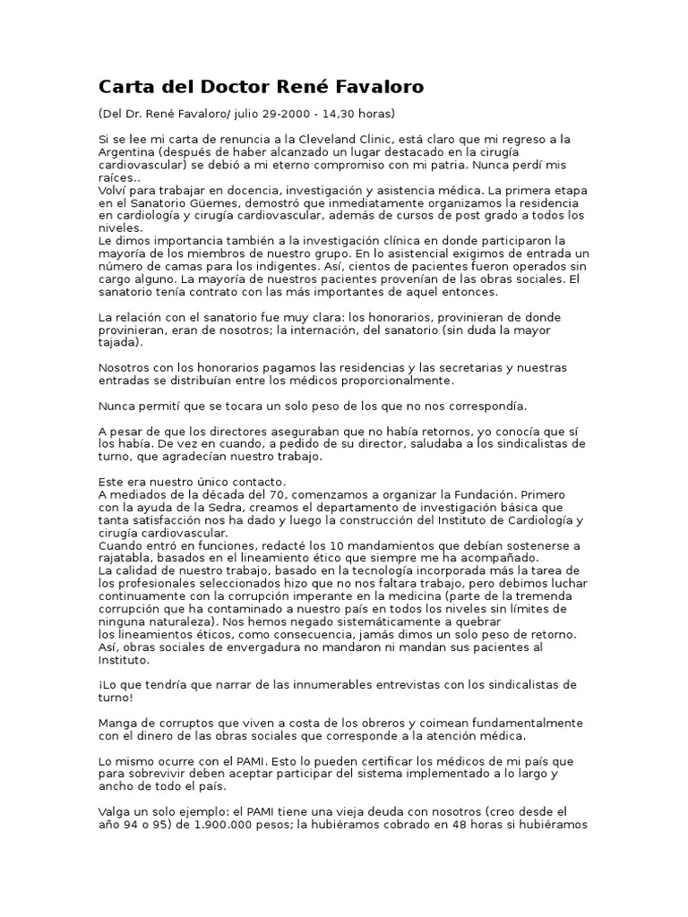 Carta Doctor Favaloro | PDF | Cuidado de la salud | Medicina