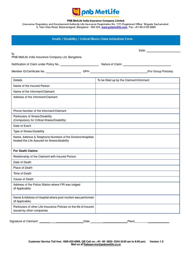 Claim Intimation Form | Insurance | Service Industries | Free 30-day ...