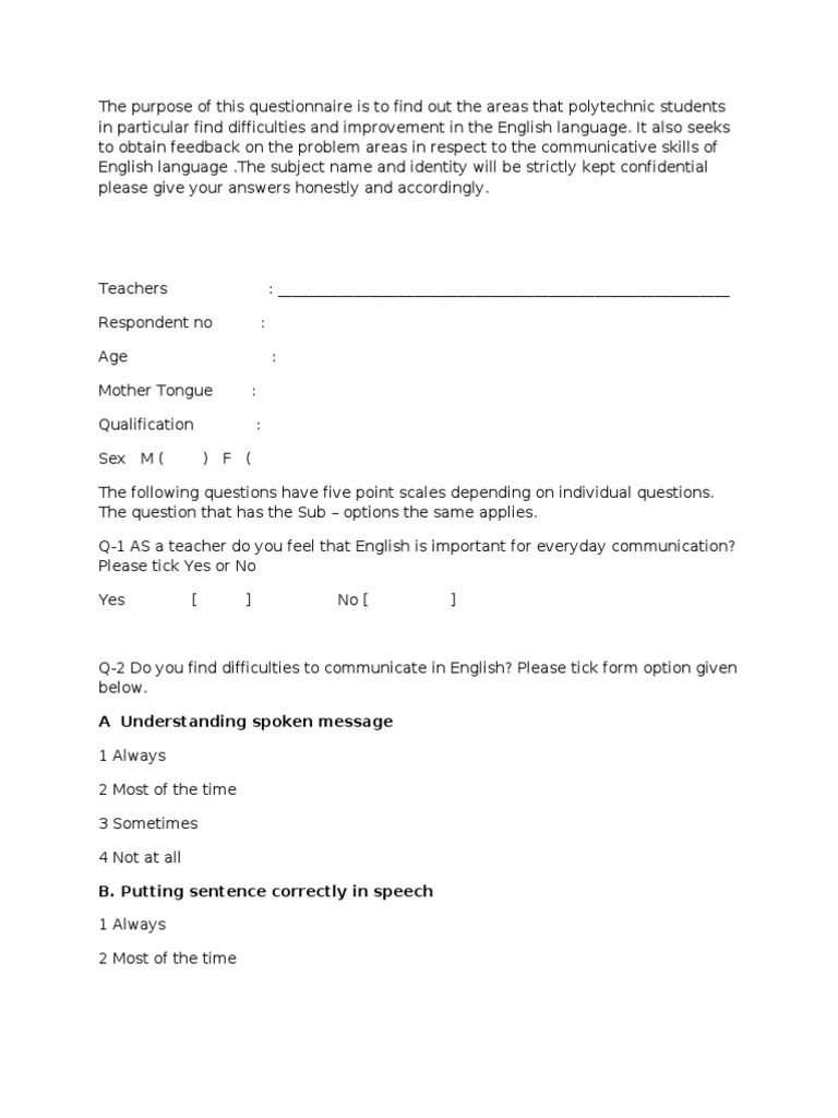 The Purpose of This Questionnaire Is To | PDF | English Language ...