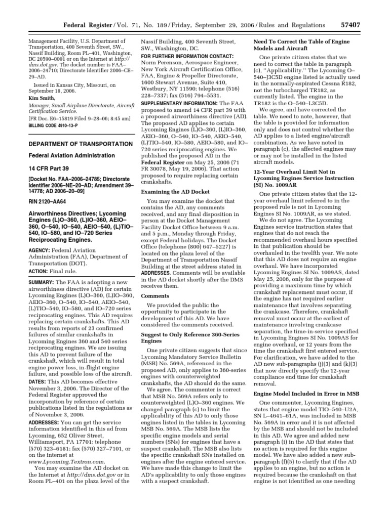 Rule: Airworthiness Directives: Lycoming Engines | PDF | Federal ...