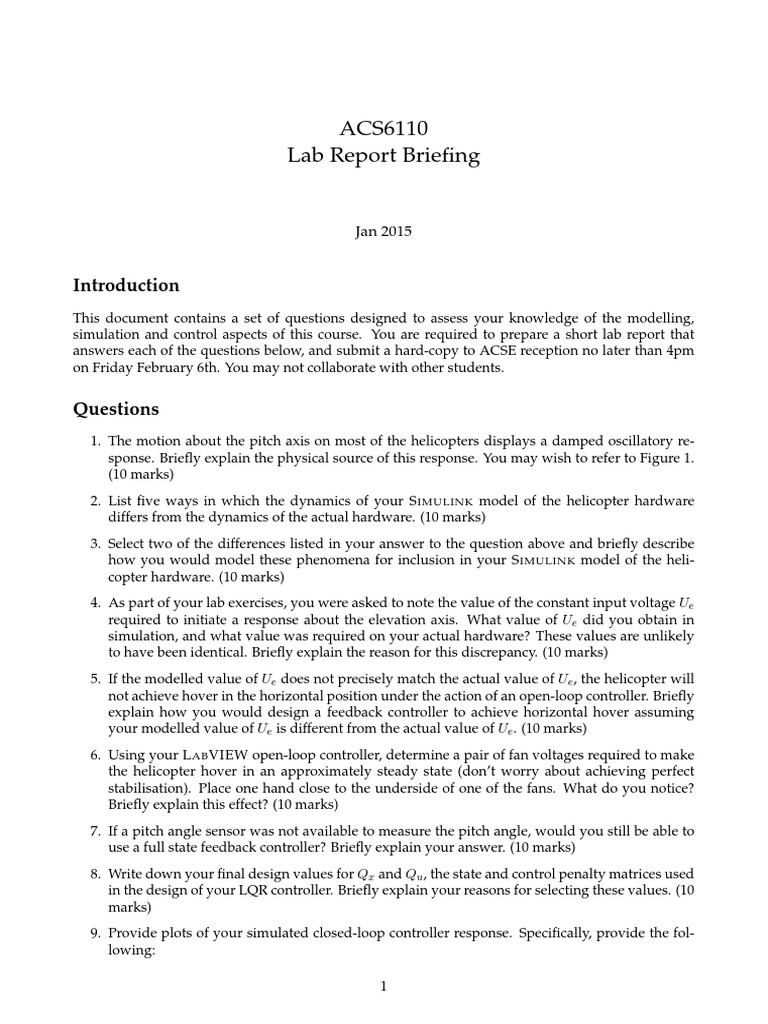 ACS6110 Lab Report | PDF | Control Theory | Emergence