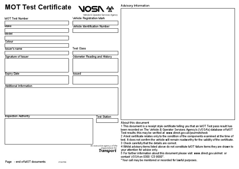 MOT Test Certificate Overview | PDF