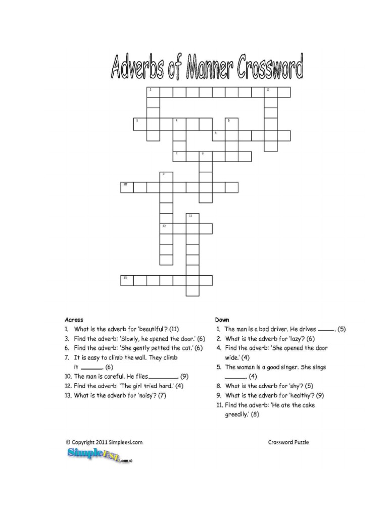 Adverb of Manner Crossword | PDF