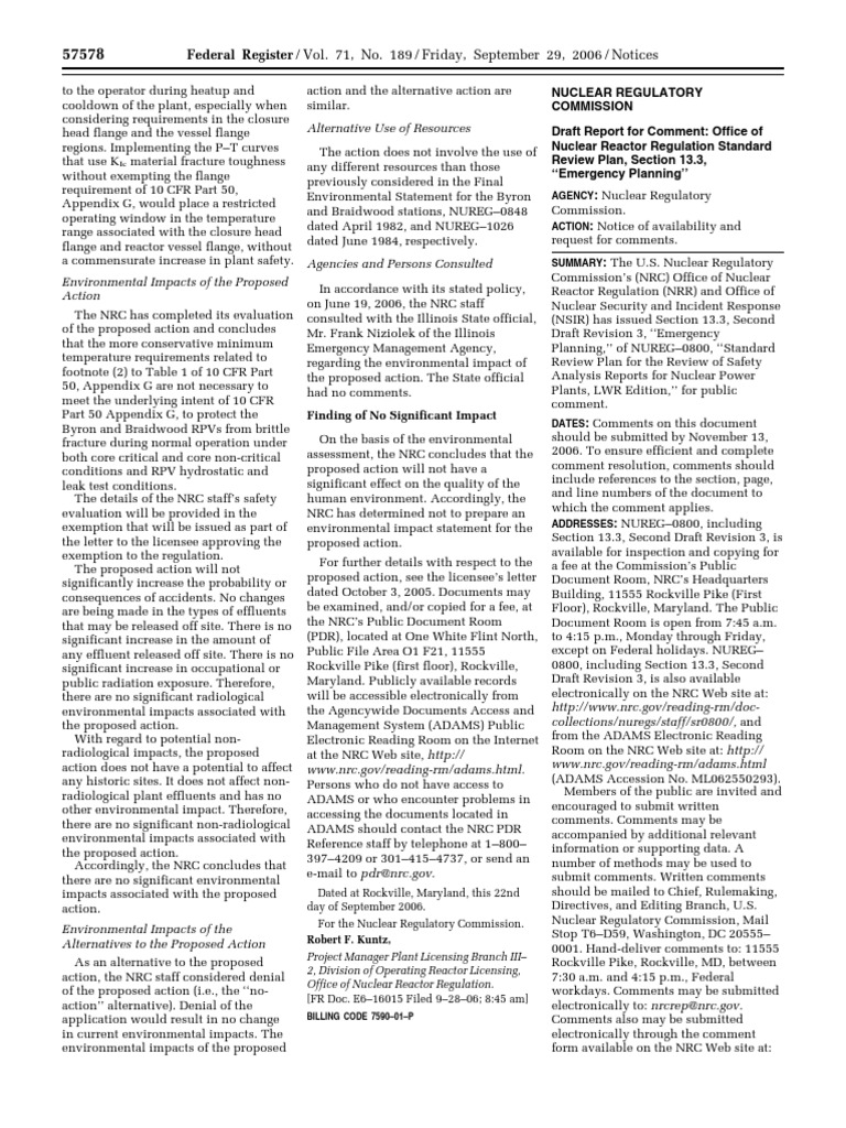 Notice: Environmental Statements Availability, Etc.: Emergency Planning ...