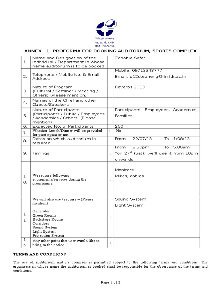 Auditorium Booking Proforma for Reverbs 2013 | PDF | Government | Business