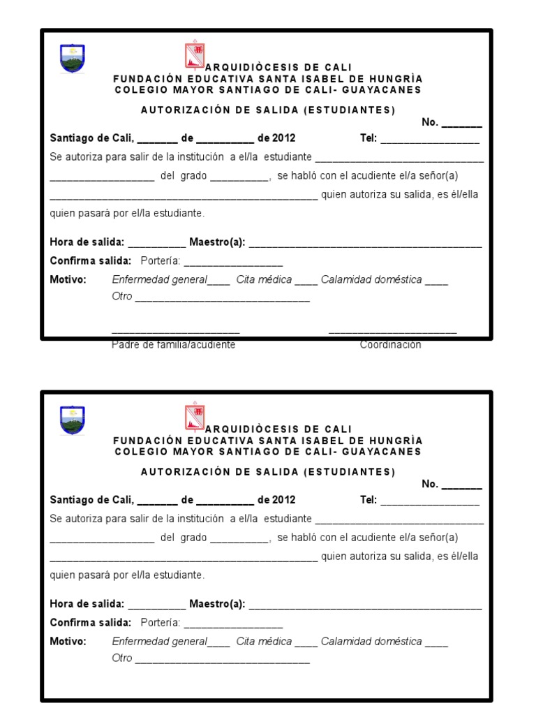 Formato Autorización de Salida - Estudiantes | PDF Formato Autorización de Salida - Estudiantes | PDF