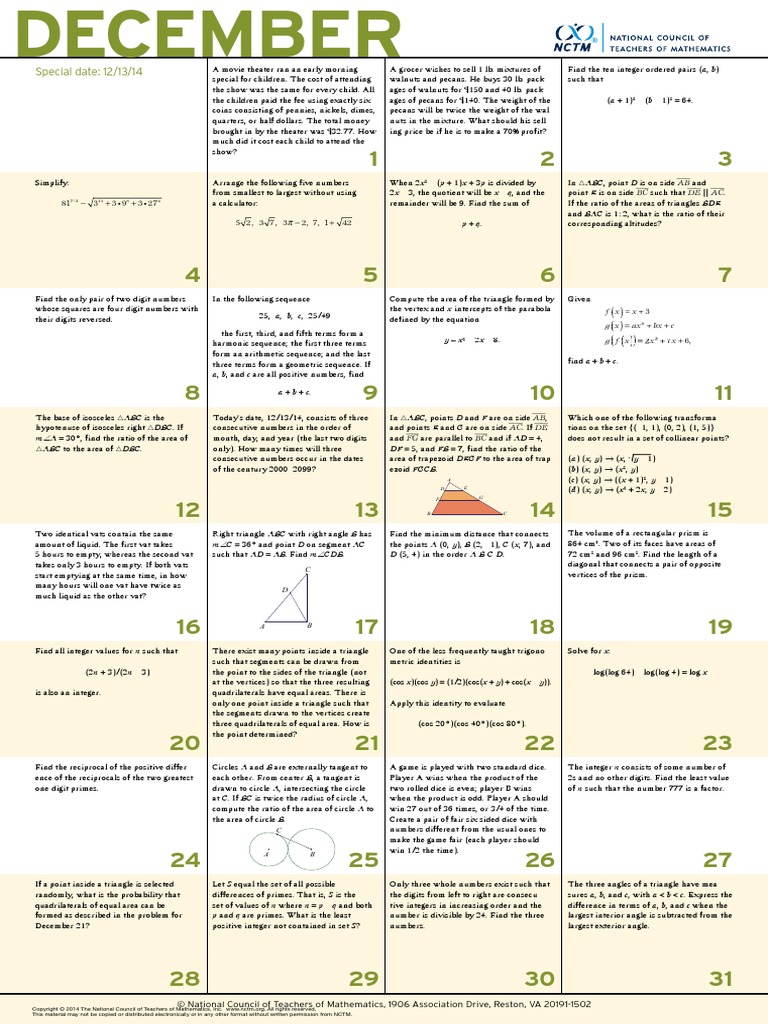 Dec 2014 & Jan 2015 NCTM Calendar For Students | PDF | Circle | Triangle