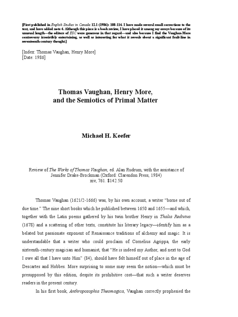 Thomas Vaughan, Henry More, and The Semiotics of Primal Matter | PDF ...