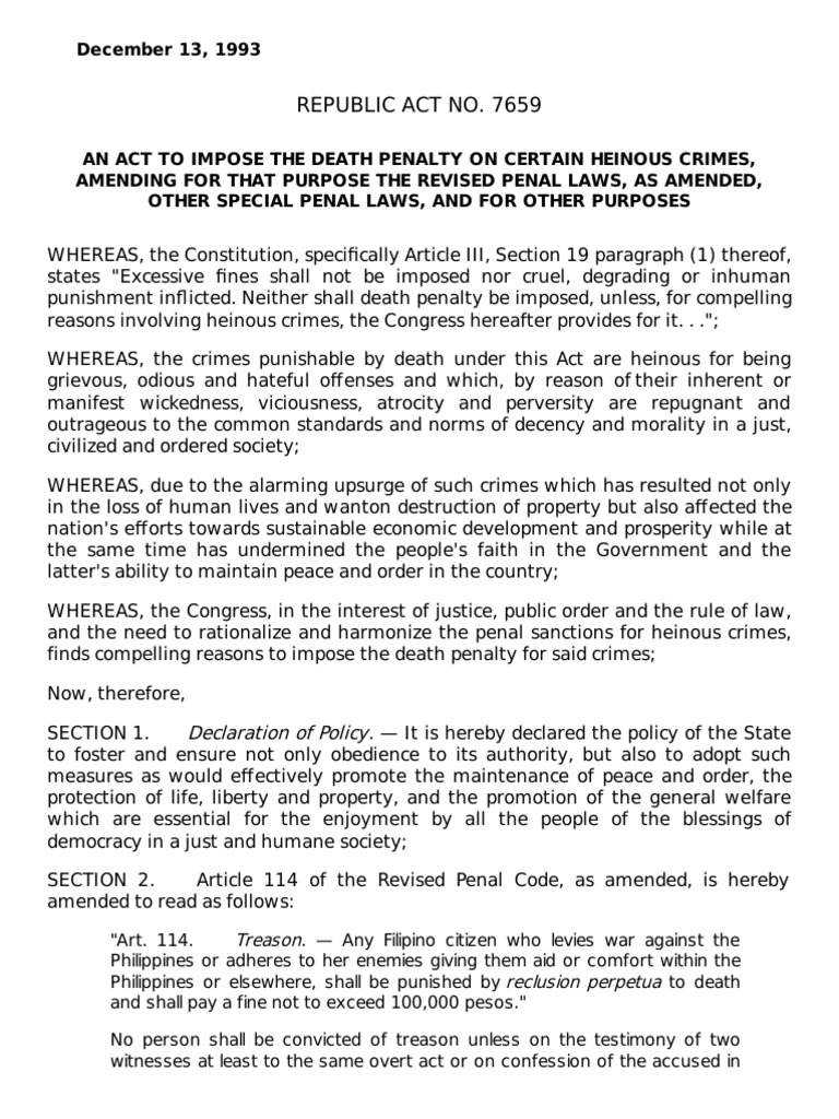 Ra 7659 | Treason | Capital Punishment