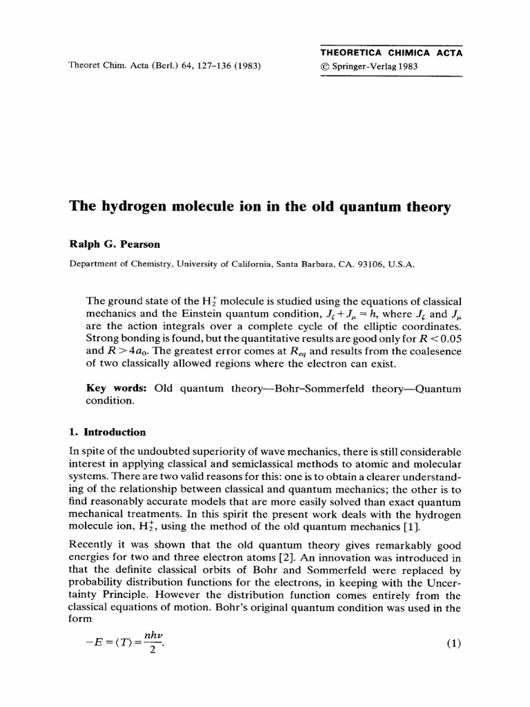 The Hydrogen Molecule Ion in The Old Quantum Theory: Ralph G. Pearson ...