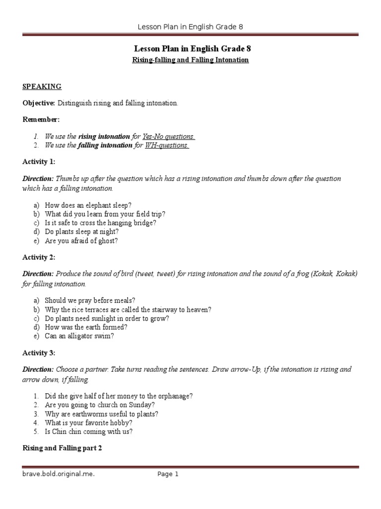Rising and Falling Intonation Lesson Plan | PDF | Part Of Speech | Adverb