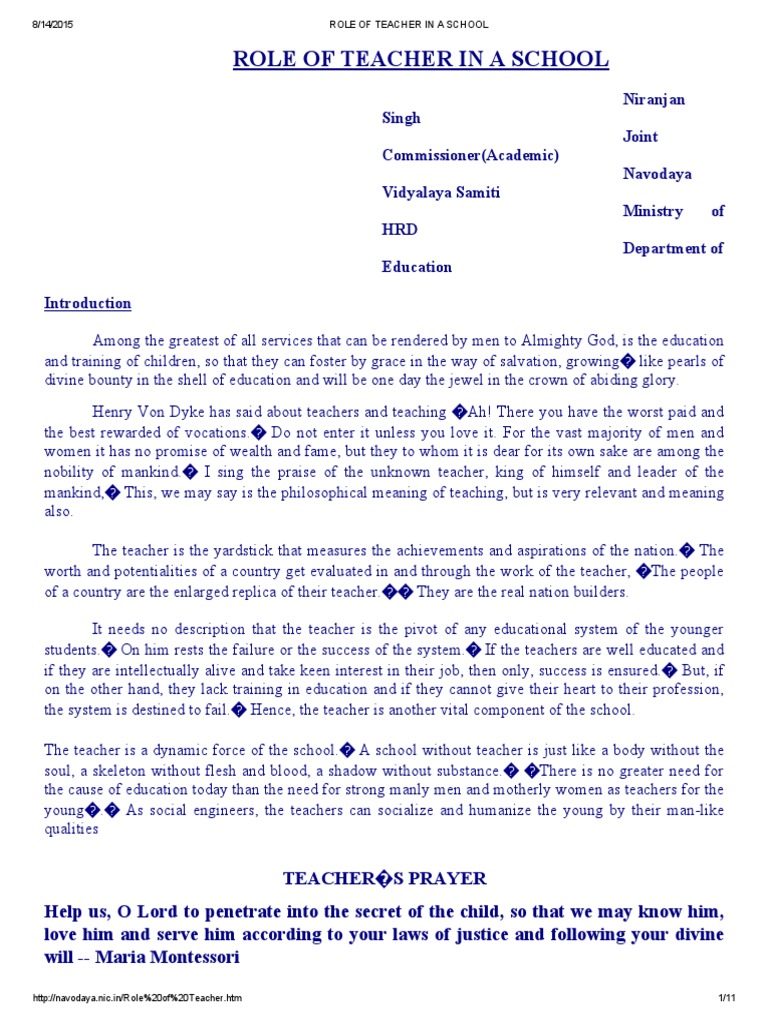 Role of Teacher in A School | PDF | Teachers | Curriculum