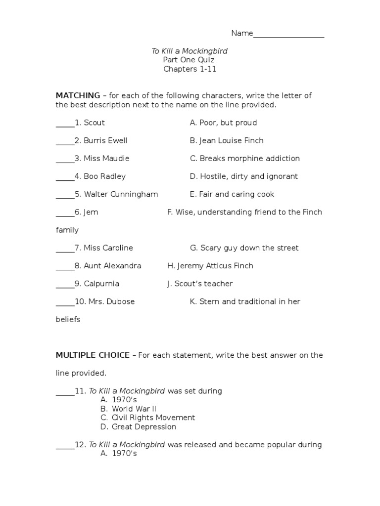 To Kill A Mockingbird Part One Quiz | PDF | To Kill A Mockingbird ...