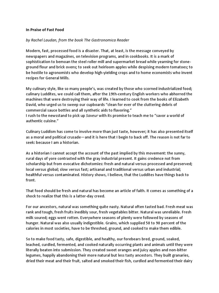 Rachel Laudan, in Praise of Fast Food | PDF | Foods | Food And Drink