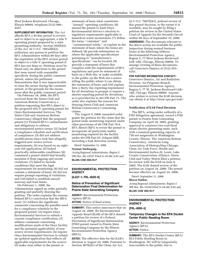 Notice Air Pollution Control Clean Air Act Operating Permit Program