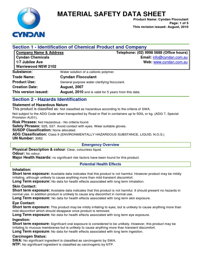Flocculant Msds | Dangerous Goods | Waste Management