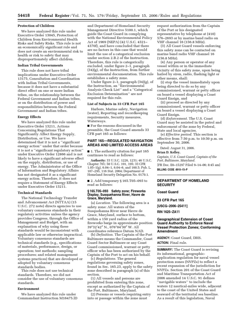 Rule: Ports and Waterways Safety Regulated Navigation Areas, Safety ...
