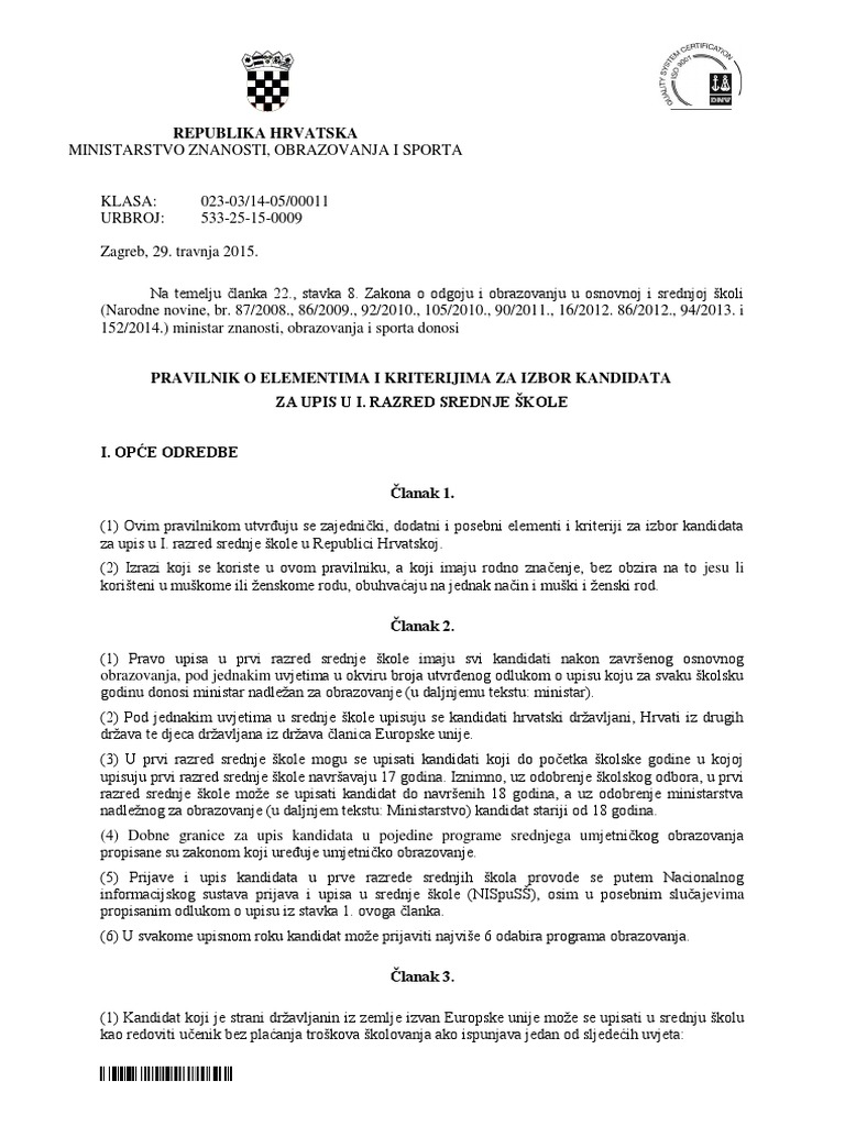 Pravilnik o Elementima I Kriterijima Upis Srednju Skolu 2015 | PDF