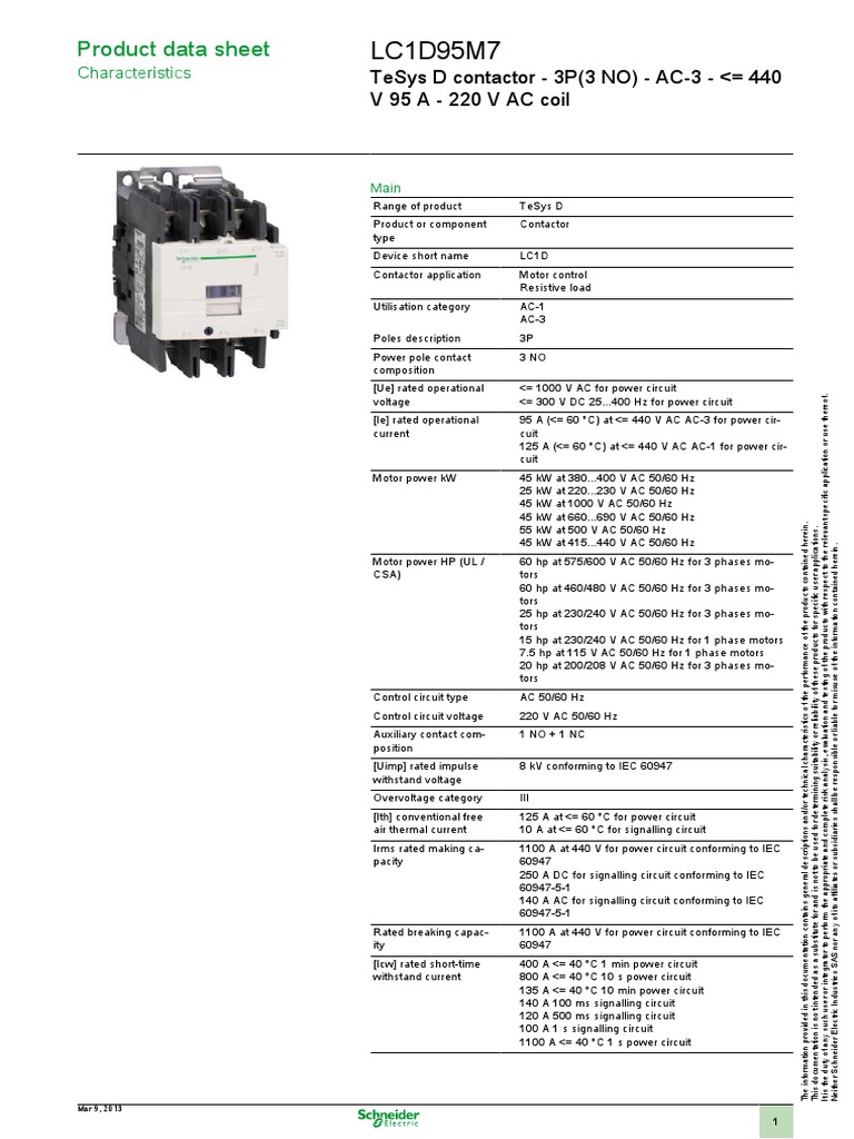 Schneider Electric LC1D95M7 Datasheet | Cable | Electrical Equipment