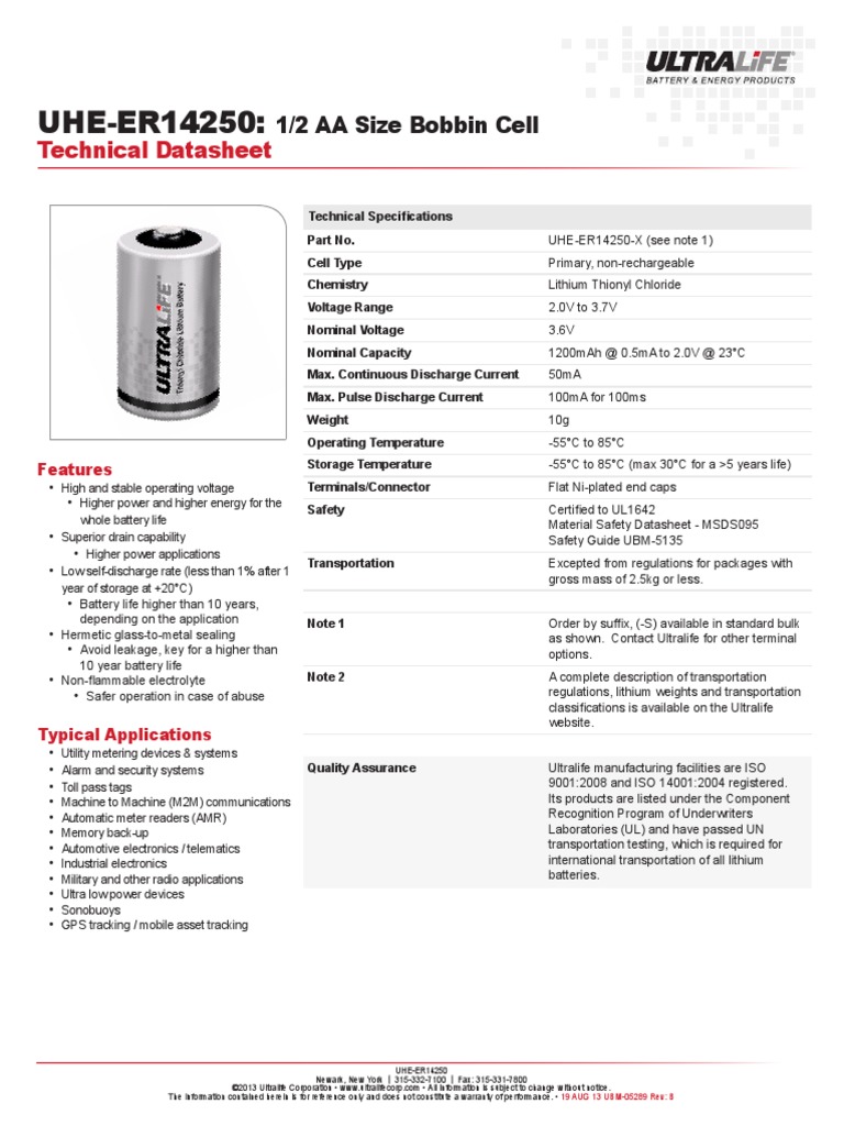 Ultra Life ER14250 Datasheet | PDF | Battery (Electricity) | Electricity