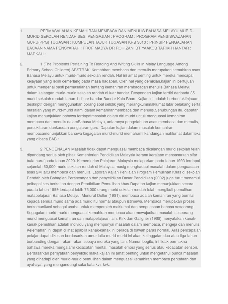 Permasalahan Kemahiran Membaca Dan Menulis Bahasa Melayu Murid | PDF