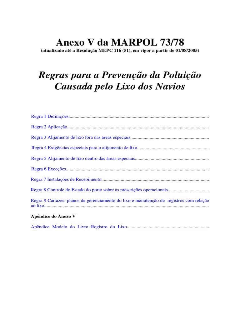 Anexo V Marpol | PDF | Mar | Desperdício