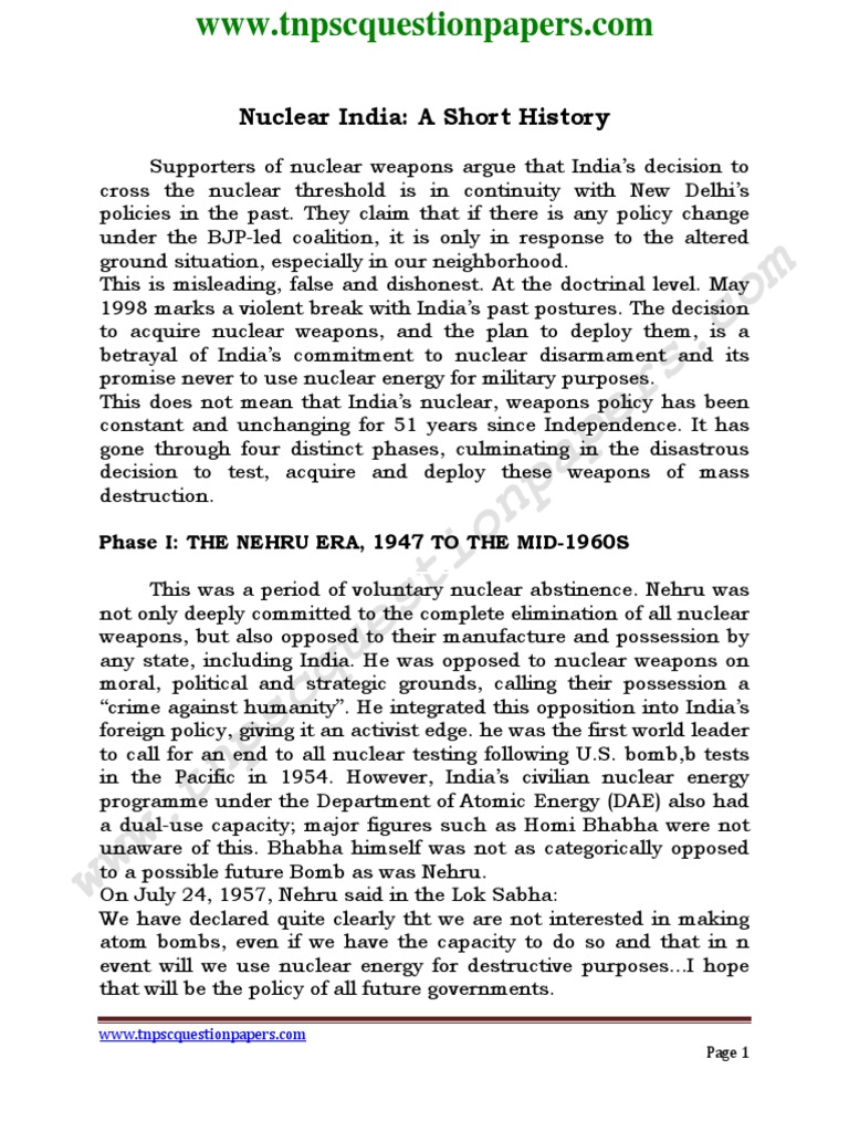 Nuclear India: A Short History: Phase I: THE NEHRU ERA, 1947 TO THE MID ...