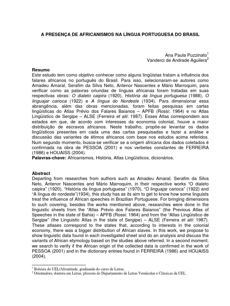 Africanismos Na Lingua Portuguesa No Brasil | PDF | Português (idioma ...