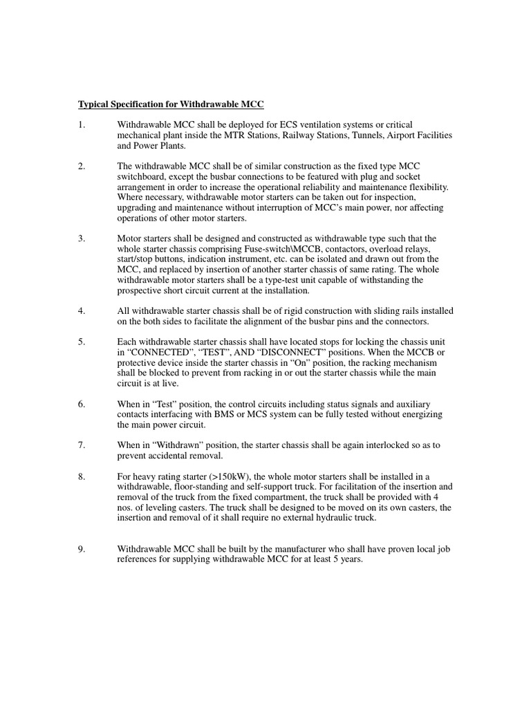 Withdrawable MCC Specification for ECS Systems | PDF