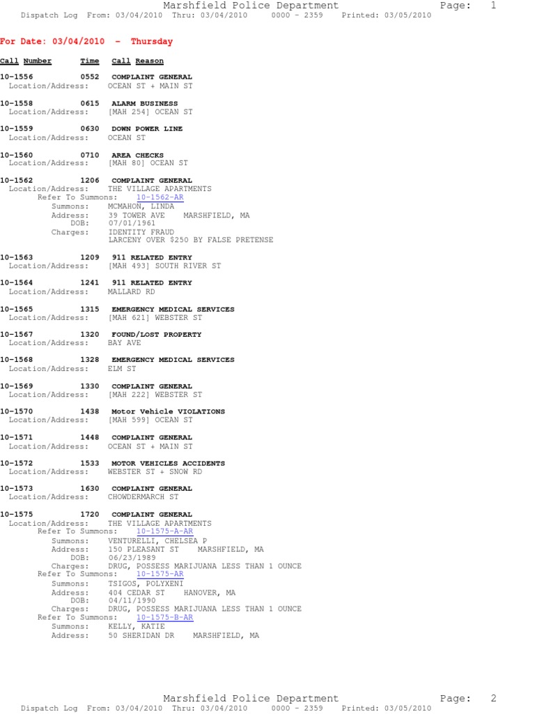 Marshfield Police Dispatch Log 03/04/2010 | PDF | Law Enforcement ...