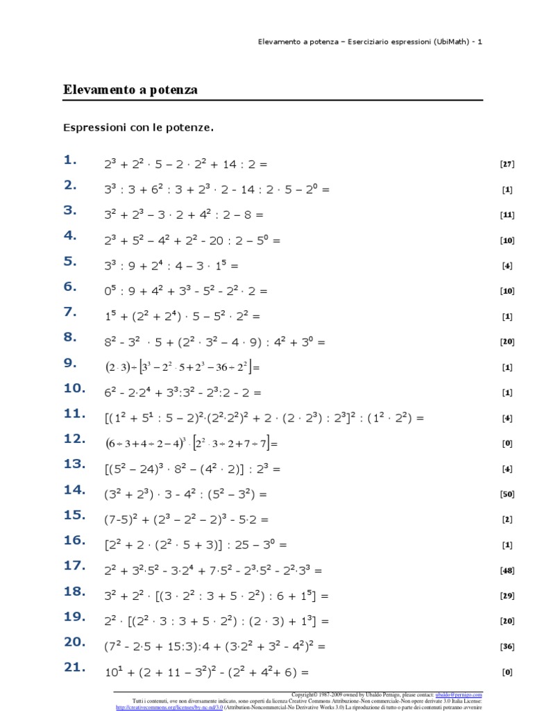 Elevamento a Potenza – Eserciziario Espressioni (UbiMath)