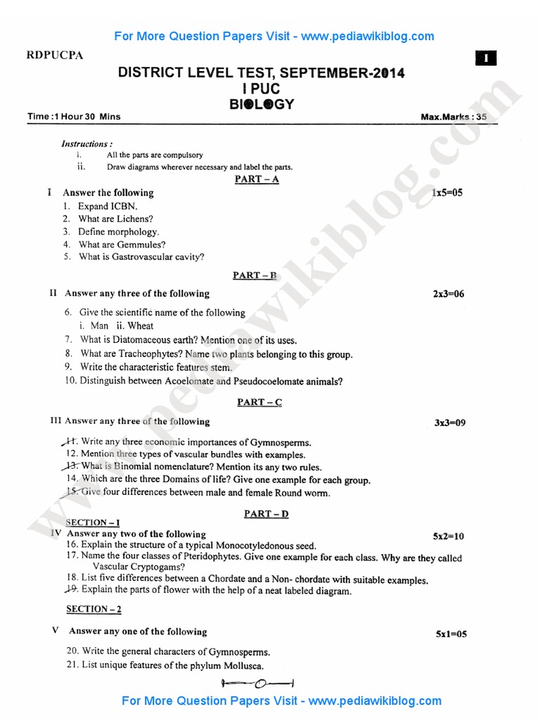 1st PU Biology Test Sep 2014 PDF | PDF