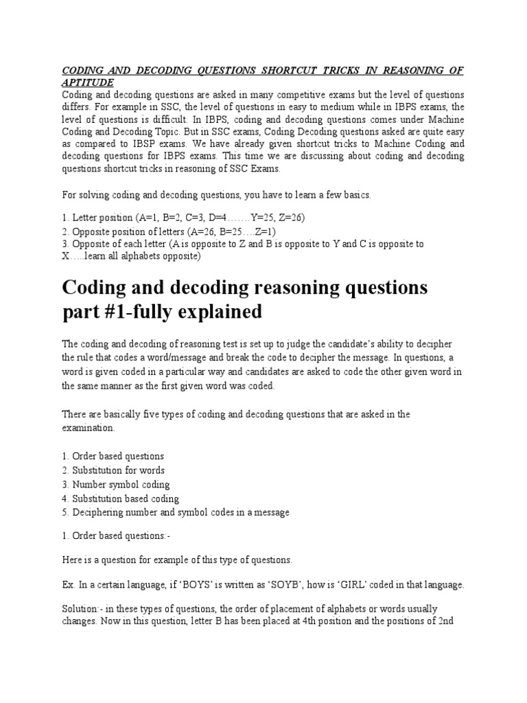 Coding and Decoding Questions Shortcut Tricks in Reasoning of Aptitude ...