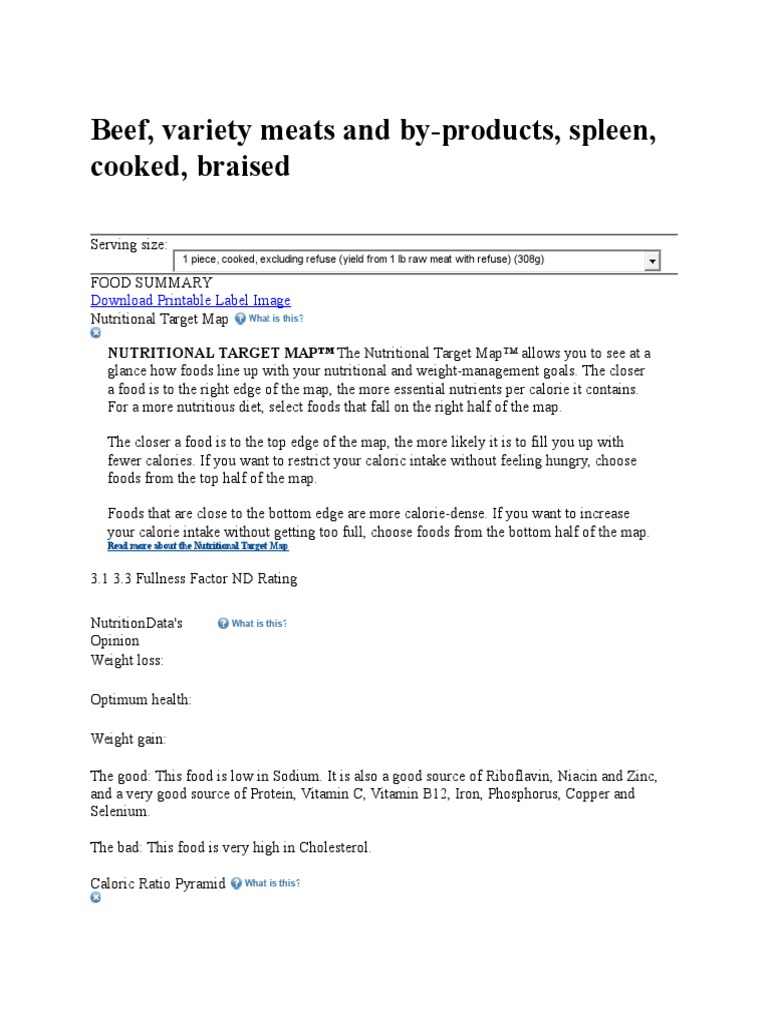 Beef, Variety Meats and By-Products, Spleen, Cooked, Braised | PDF ...