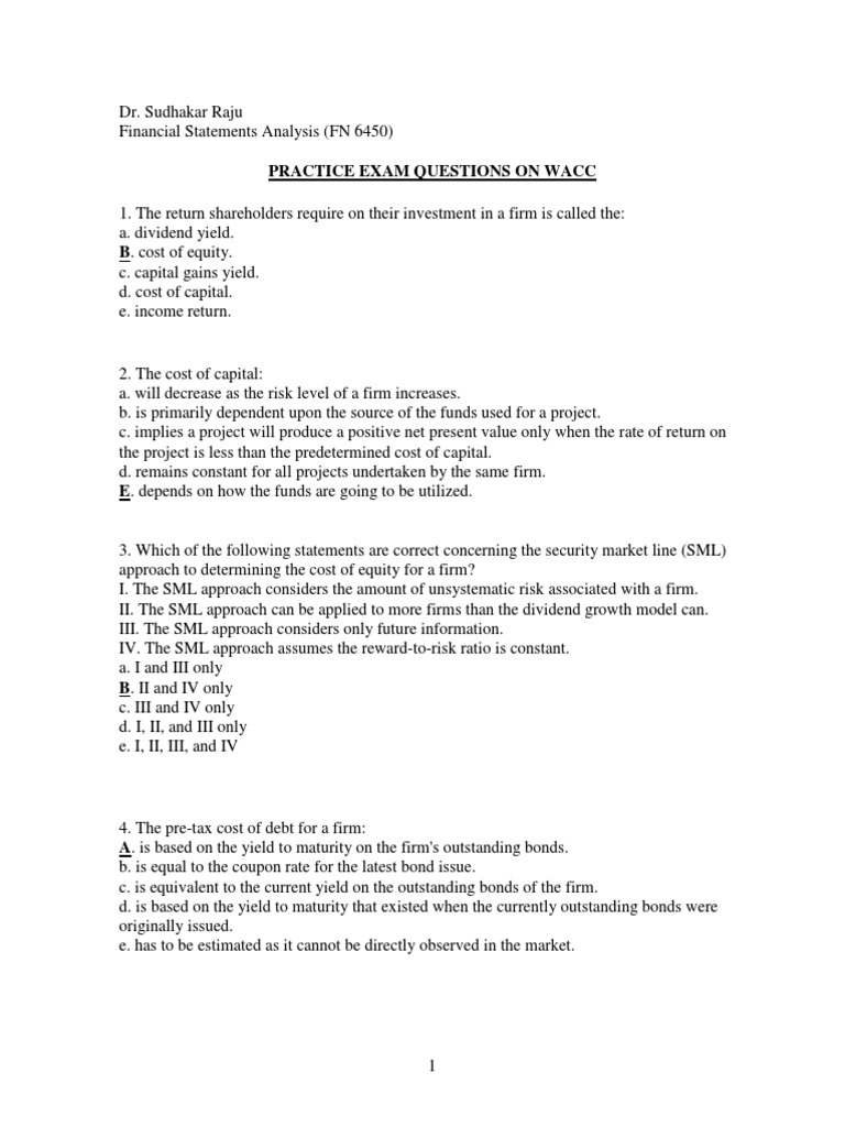 Practice Exam Questions On Wacc | PDF | Cost Of Capital | Stocks