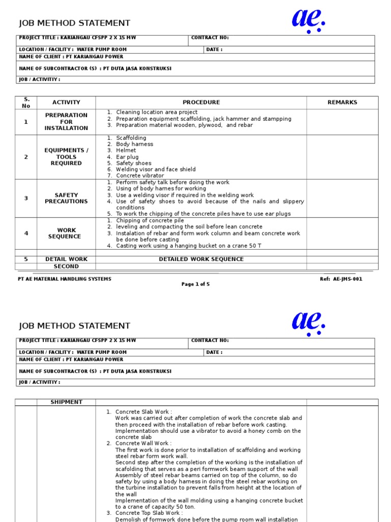 Pump Room Method Statement | PDF | Building | Concrete
