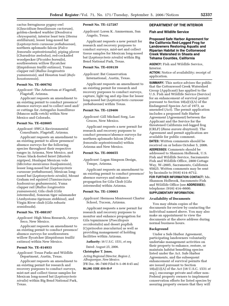 Notice: Endangered and Threatened Species: Survival Enhancement Permits ...