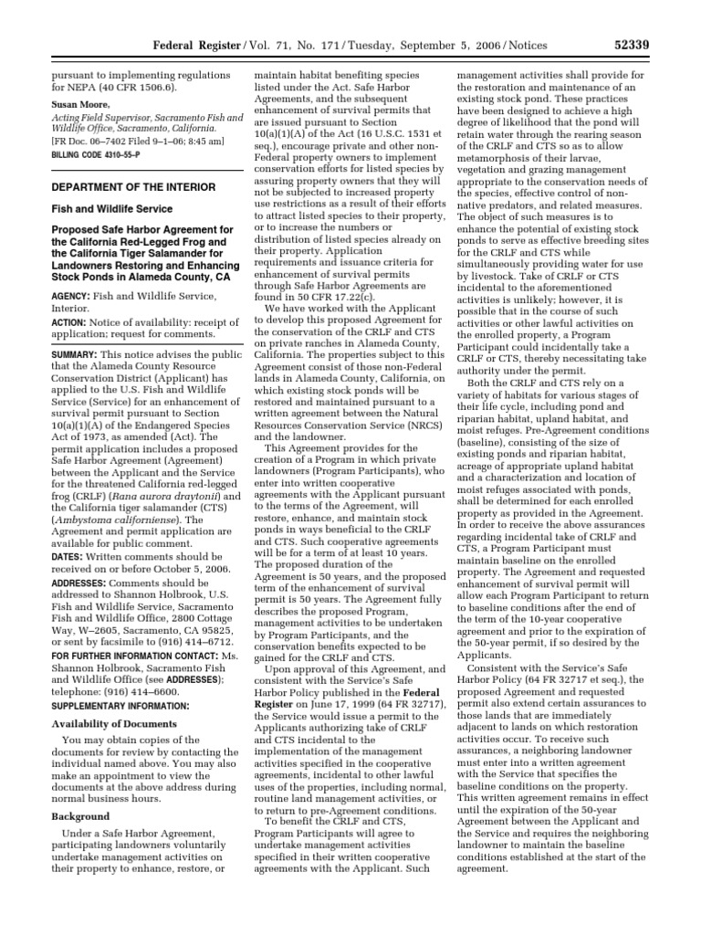 Notice: Endangered and Threatened Species: Survival Enhancement Permits ...